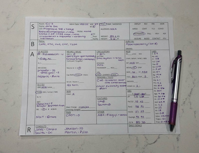 Horizonal ICU SBAR Report Sheet - Etsy