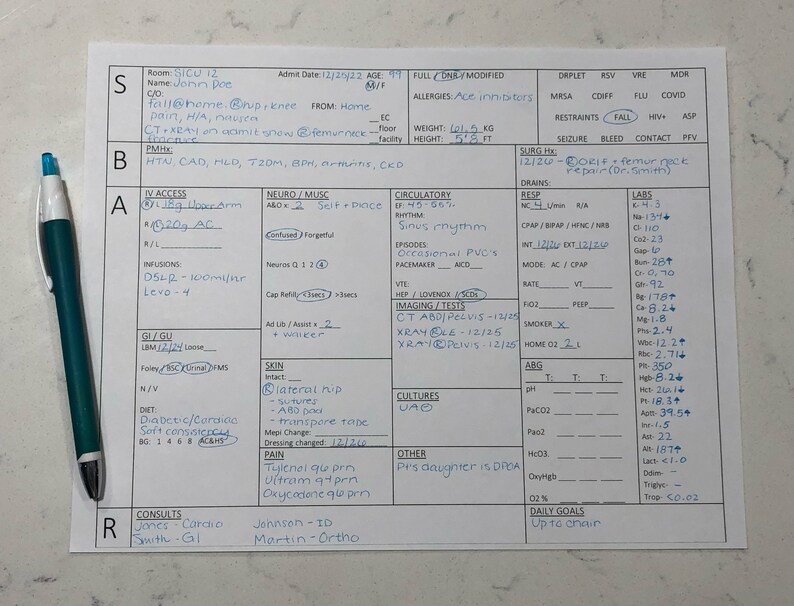 Horizonal ICU SBAR Report Sheet - Etsy