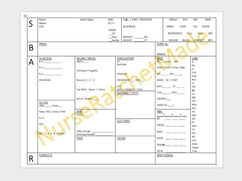 Horizonal ICU SBAR Report Sheet - Etsy