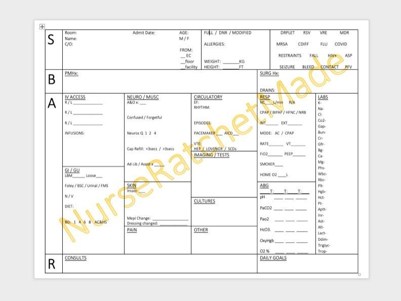Horizonal ICU SBAR Report Sheet - Etsy