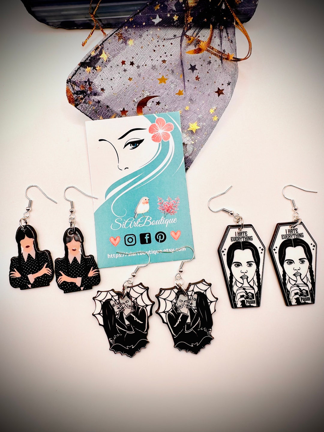 Double Sided Addams Family Wednesday & Morticia + Gomez Dangle Drop ...