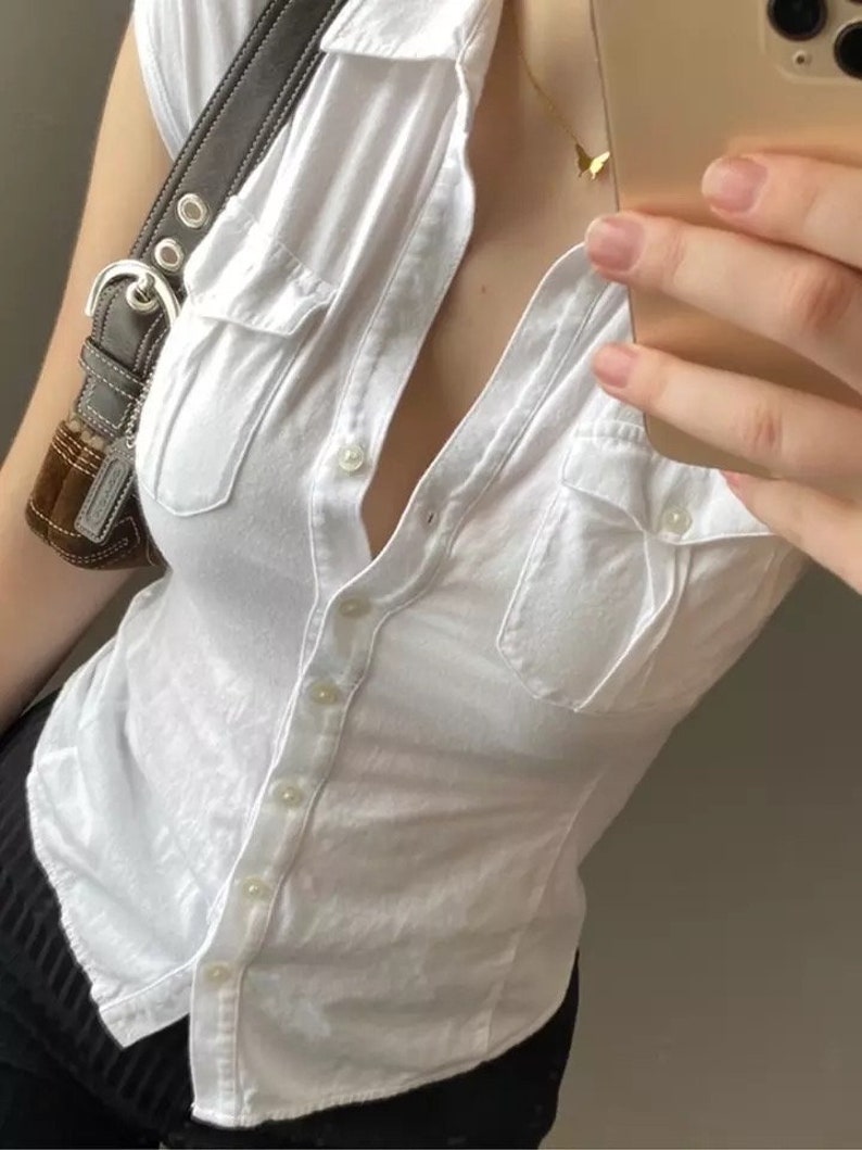 Rapcopter Button Pockets Crop Top Y2k Casual Basic Retro T Etsy