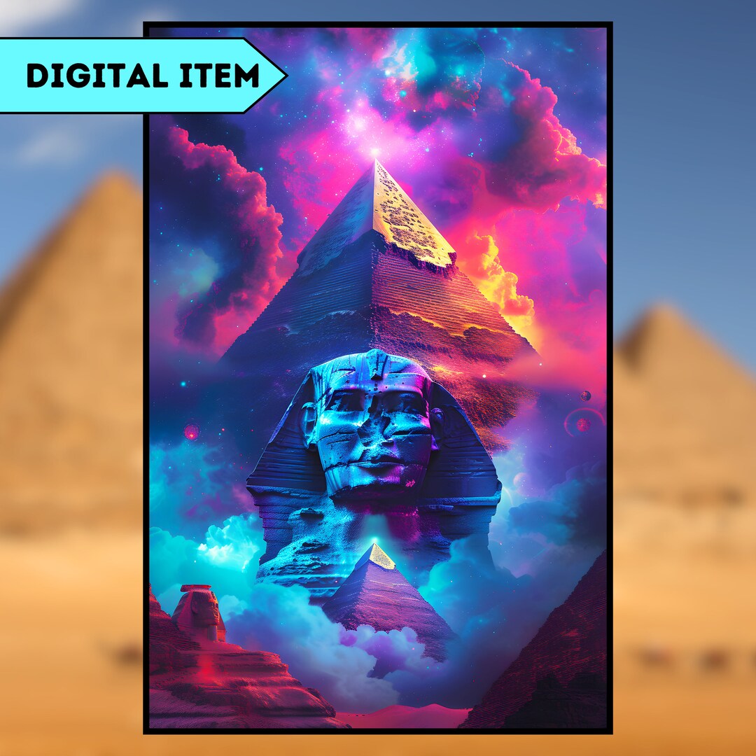 Vaporwave Glitch Egyptian Pyramids & Sphinx AI Digital Art Print ...
