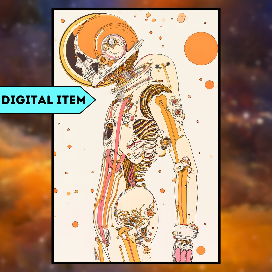 Vintage Sci-fi Skeleton: Retro Digital Art Print, Space Astronaut Illustration, AI Artwork for ...