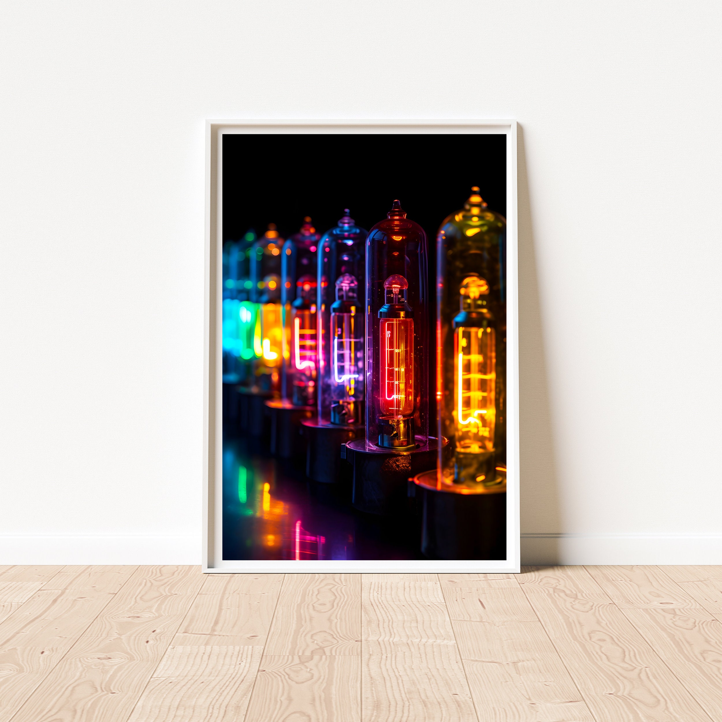 Rainbow Nixie Tube Art Print AI Digital Art Colorful Neon Design Home ...