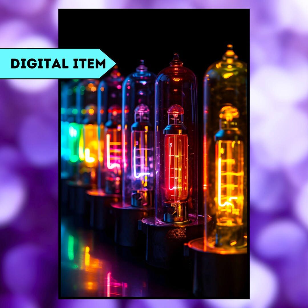 Rainbow Nixie Tube Art Print AI Digital Art Colorful Neon Design Home ...