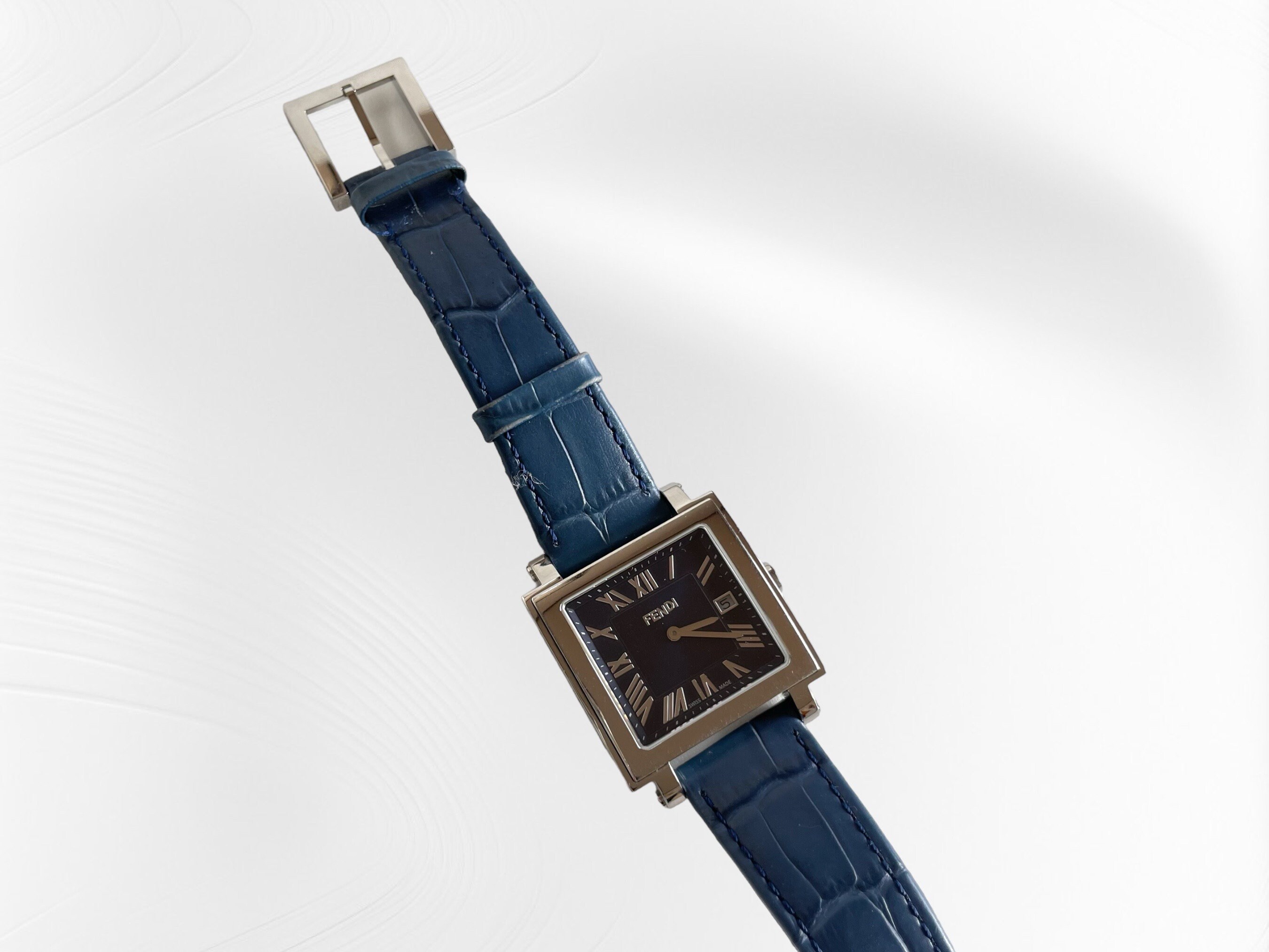 FENDI Swiss Made Blue Leather Strap Roman Numeral Square WATCH | Luxury ...