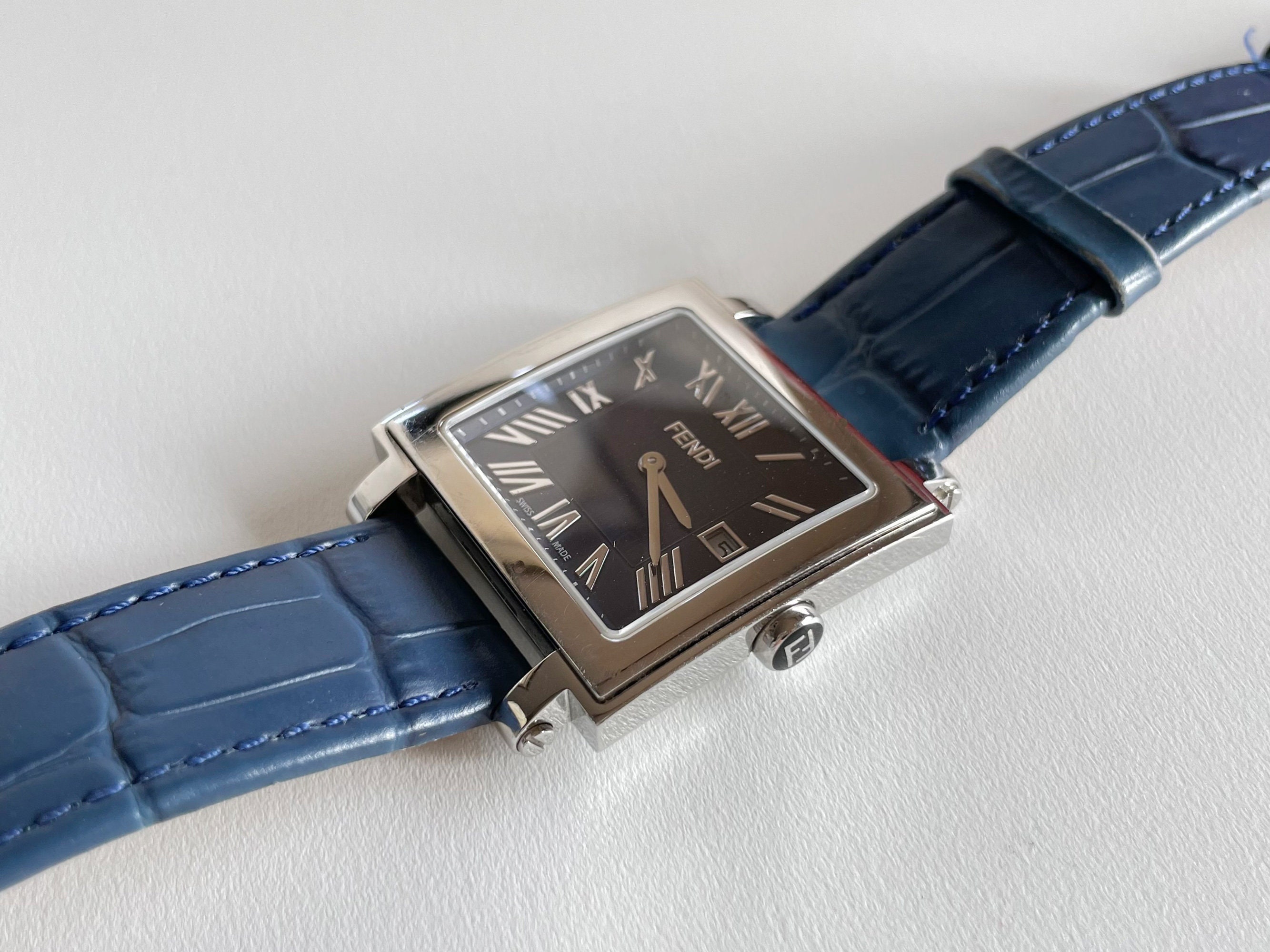 FENDI Swiss Made Blue Leather Strap Roman Numeral Square WATCH | Luxury ...