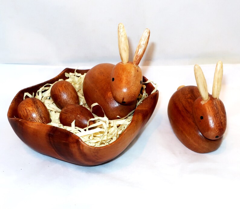 DENMARK WOOD RABBITS Poseable Teak Wood Set 2 Bunnies Watching Over ...