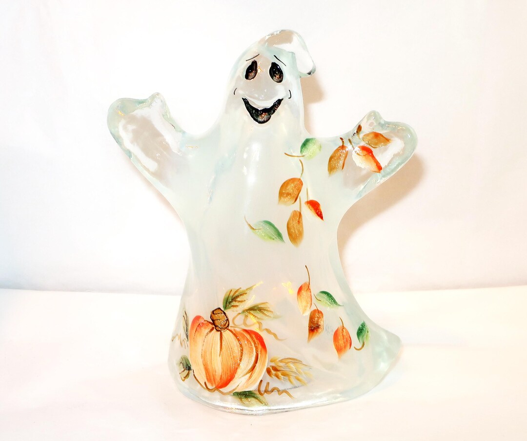 6" FENTON OPAL GHOST Boo Boo Hand Painted Pumpkin Fall Leaves ...