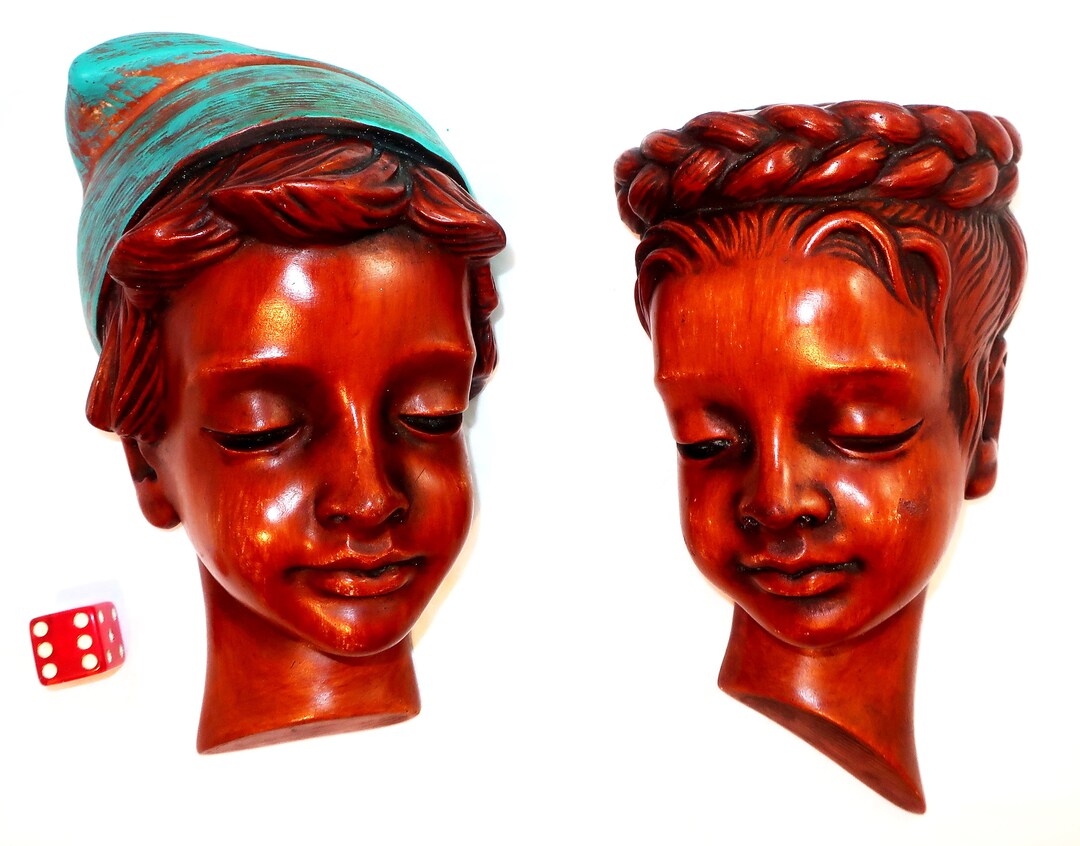 ACHATIT WALL MASK Set Boy Girl Face Pair Mcm Wall Hanging Ceramic Art ...