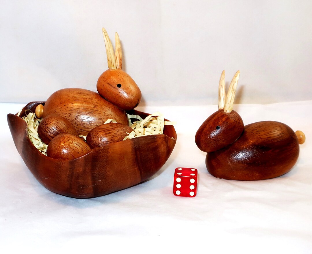 DENMARK WOOD RABBITS Poseable Teak Wood Set 2 Bunnies Watching Over ...