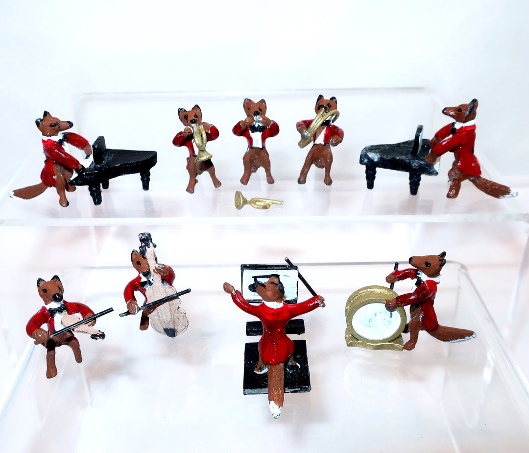 9 Pc FOX BAND ORCHESTRA Micro Miniature Tiny Metal Musician Figurine ...