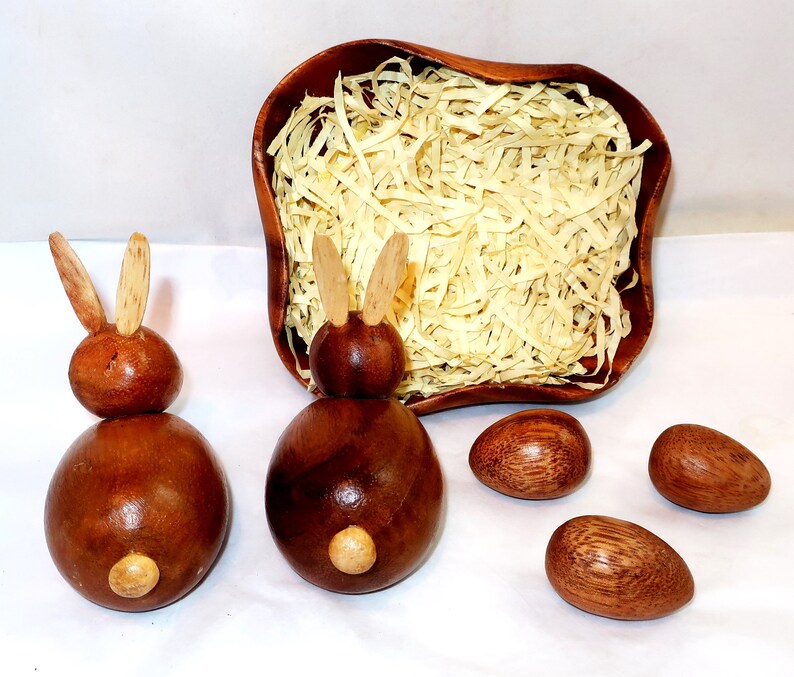 DENMARK WOOD RABBITS Poseable Teak Wood Set 2 Bunnies Watching Over ...