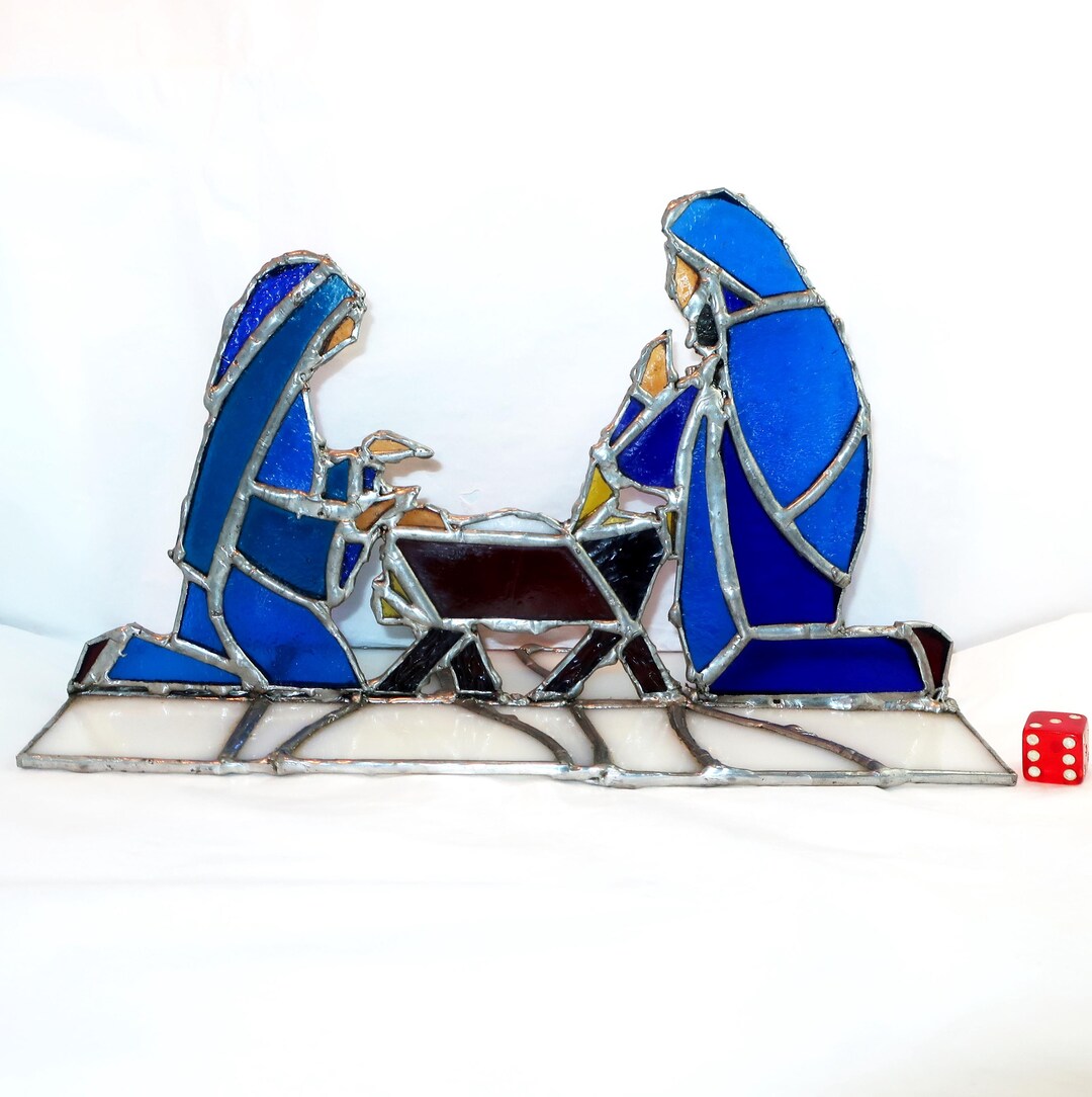 STAINED GLASS NATIVITY Diorama Scene Set Hand Crafted Art Holy Family ...