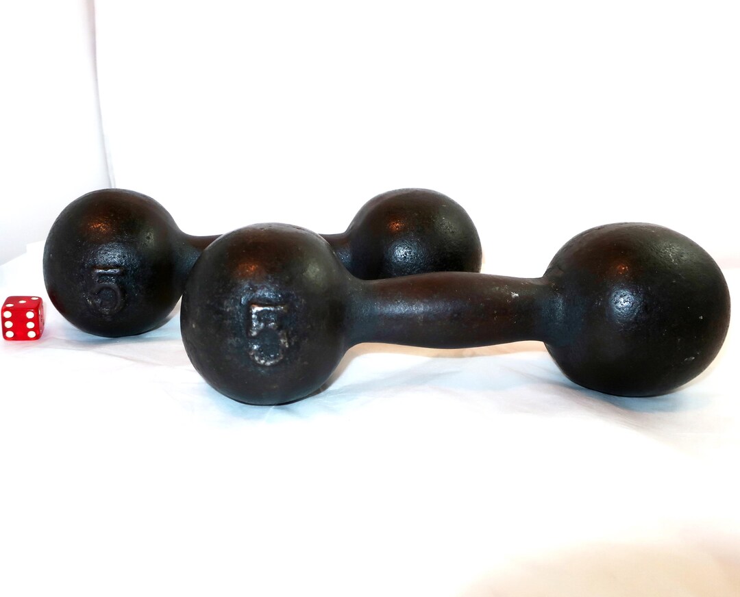 CAST IRON 5 Lb Pound Dumbbell Pair Hand Weights Vintage Exercise ...