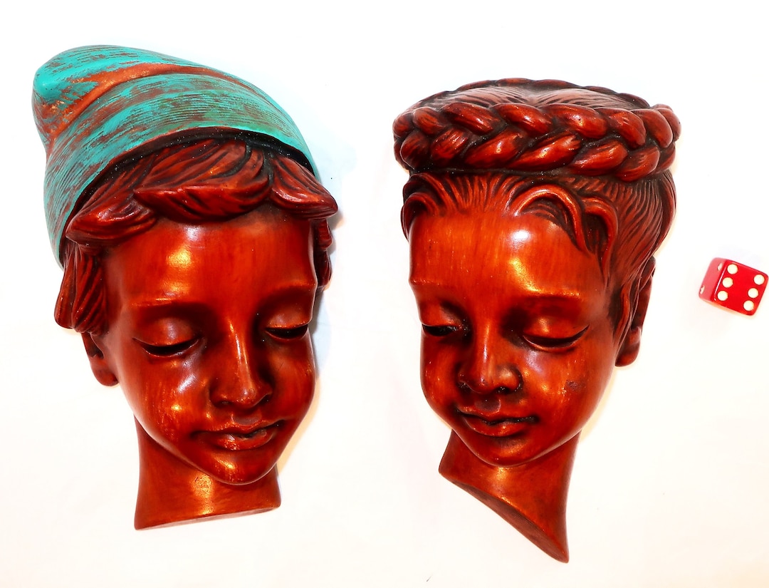 ACHATIT WALL MASK Set Boy Girl Face Pair Mcm Wall Hanging Ceramic Art ...