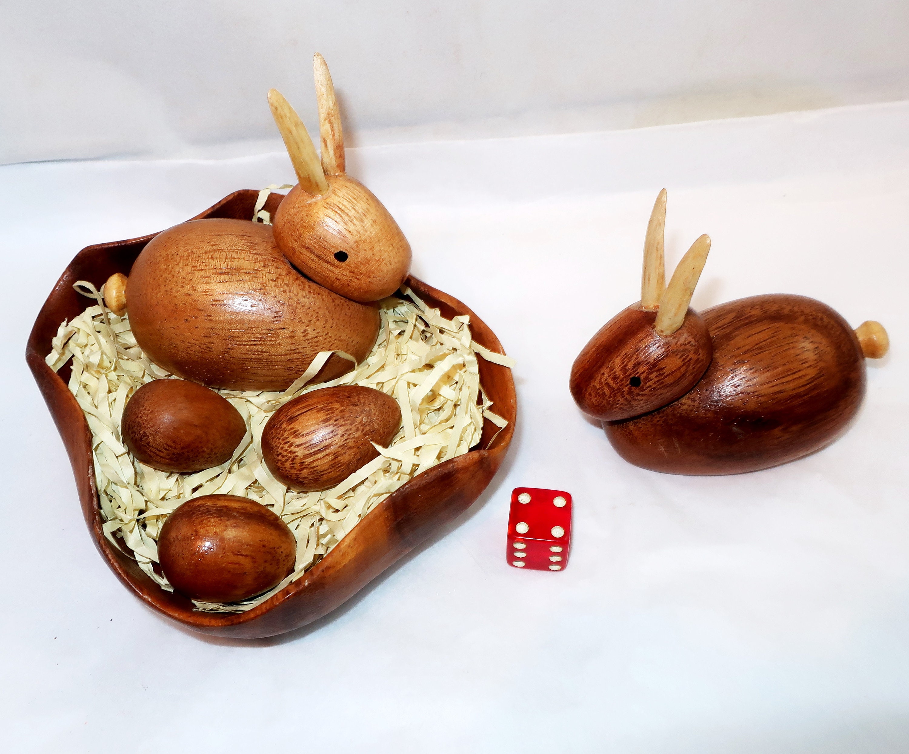 DENMARK WOOD RABBITS Poseable Teak Wood Set 2 Bunnies Watching Over ...