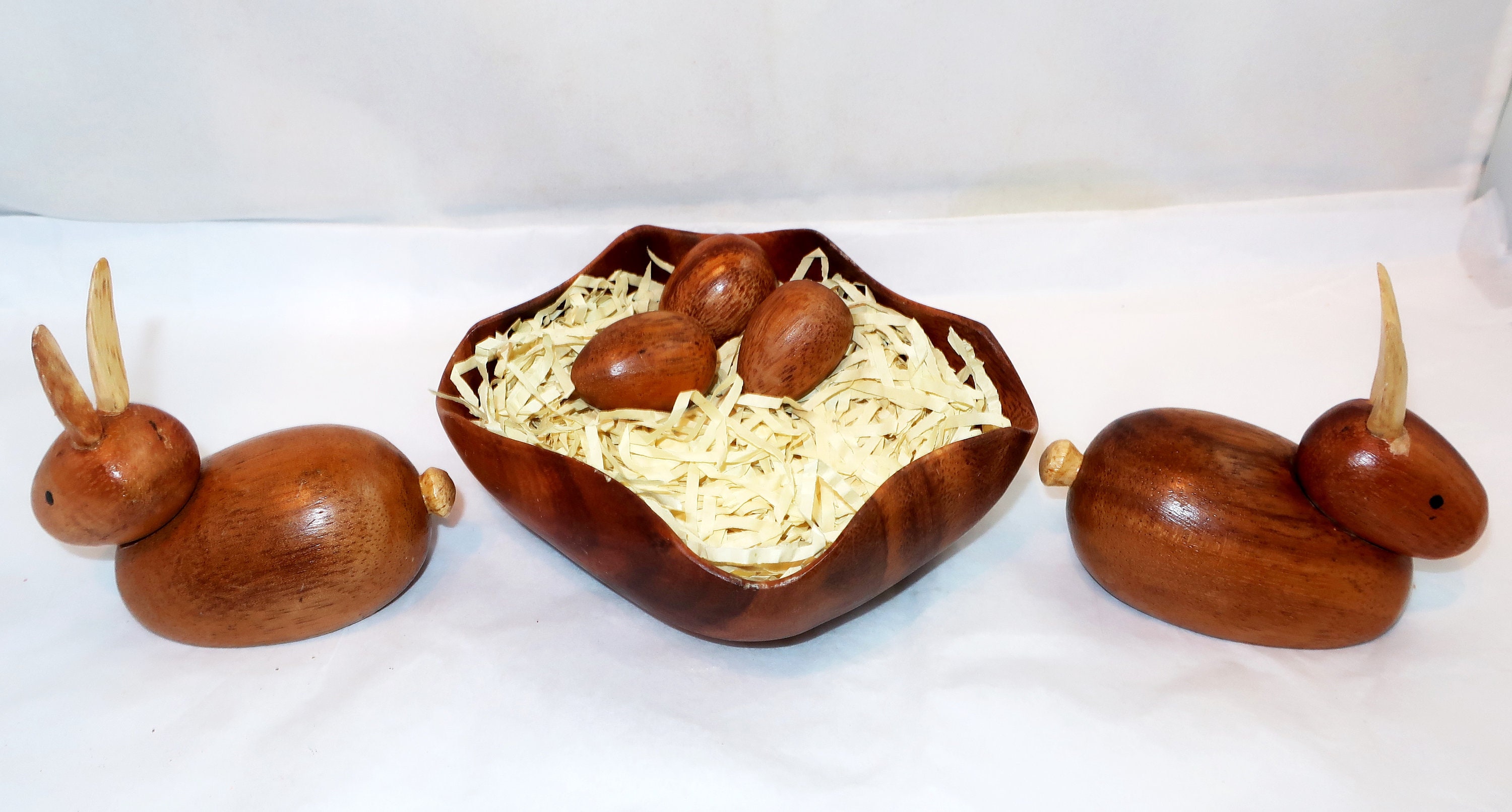 DENMARK WOOD RABBITS Poseable Teak Wood Set 2 Bunnies Watching Over ...