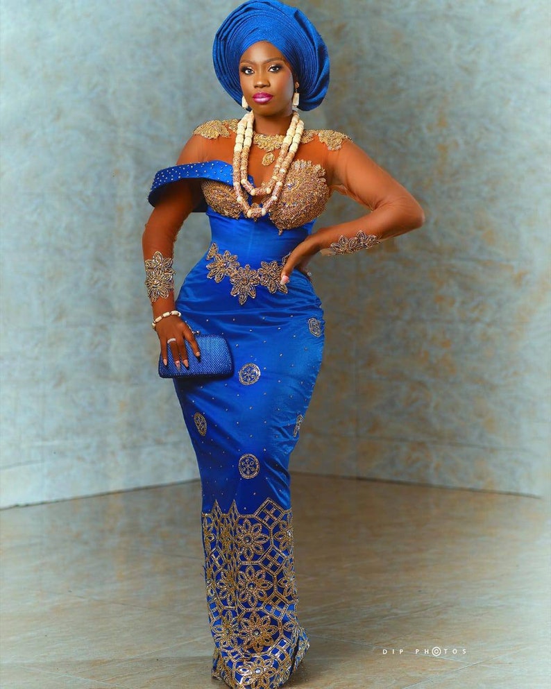 Blue George African Bridal Dress, Igbo Wedding Dress for Brides, Bridal Party Dress, Party ...