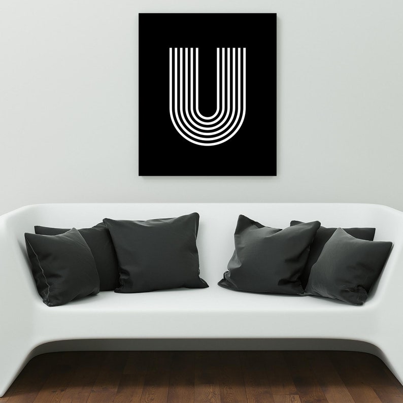 Letter U White on Black Background Printable Wall Art, Modern Monogram ...