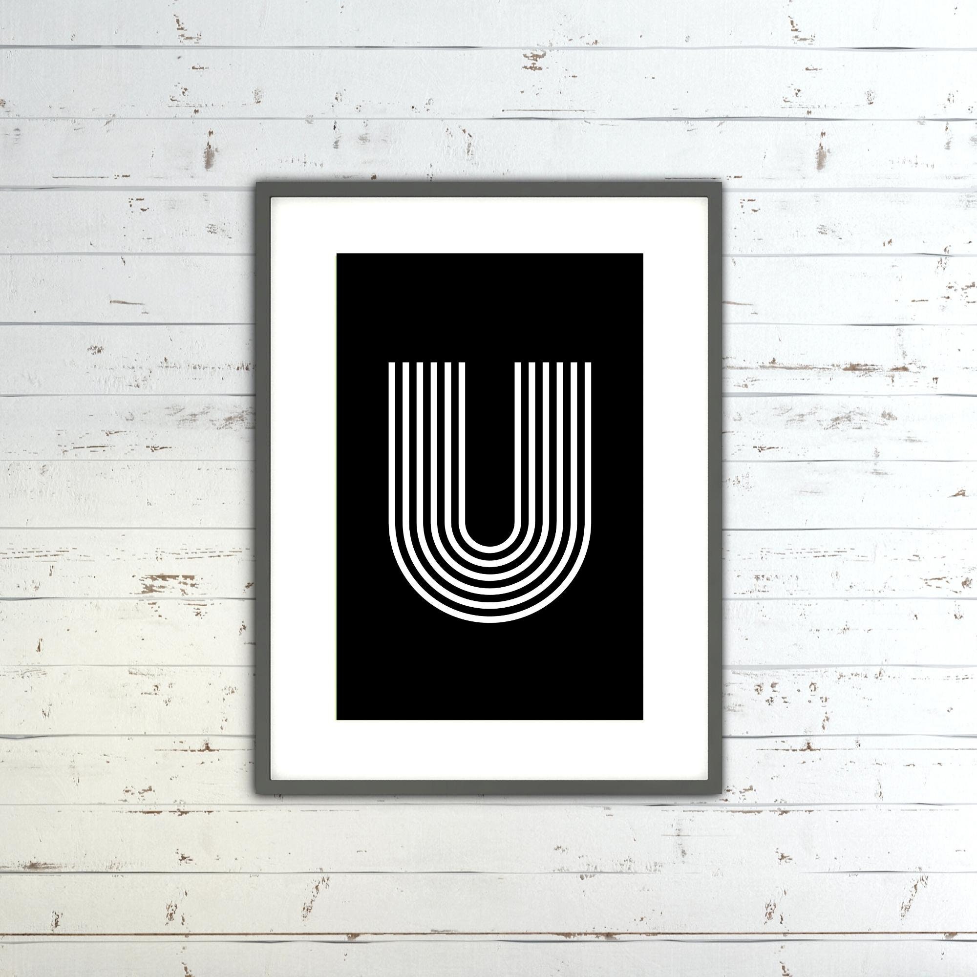 Letter U White on Black Background Printable Wall Art, Modern Monogram ...