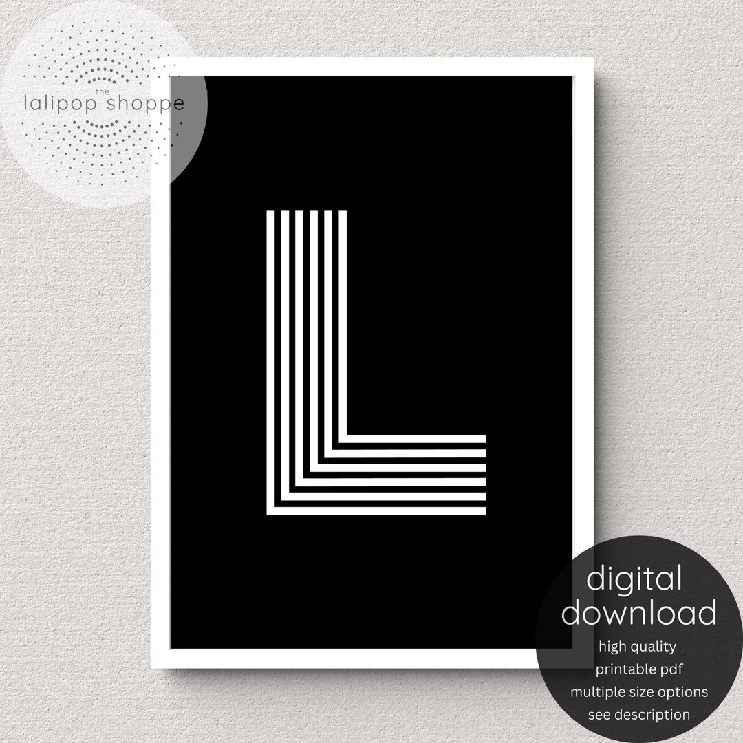 White Letter L on Black Background Printable Wall Art, Modern Monogram ...