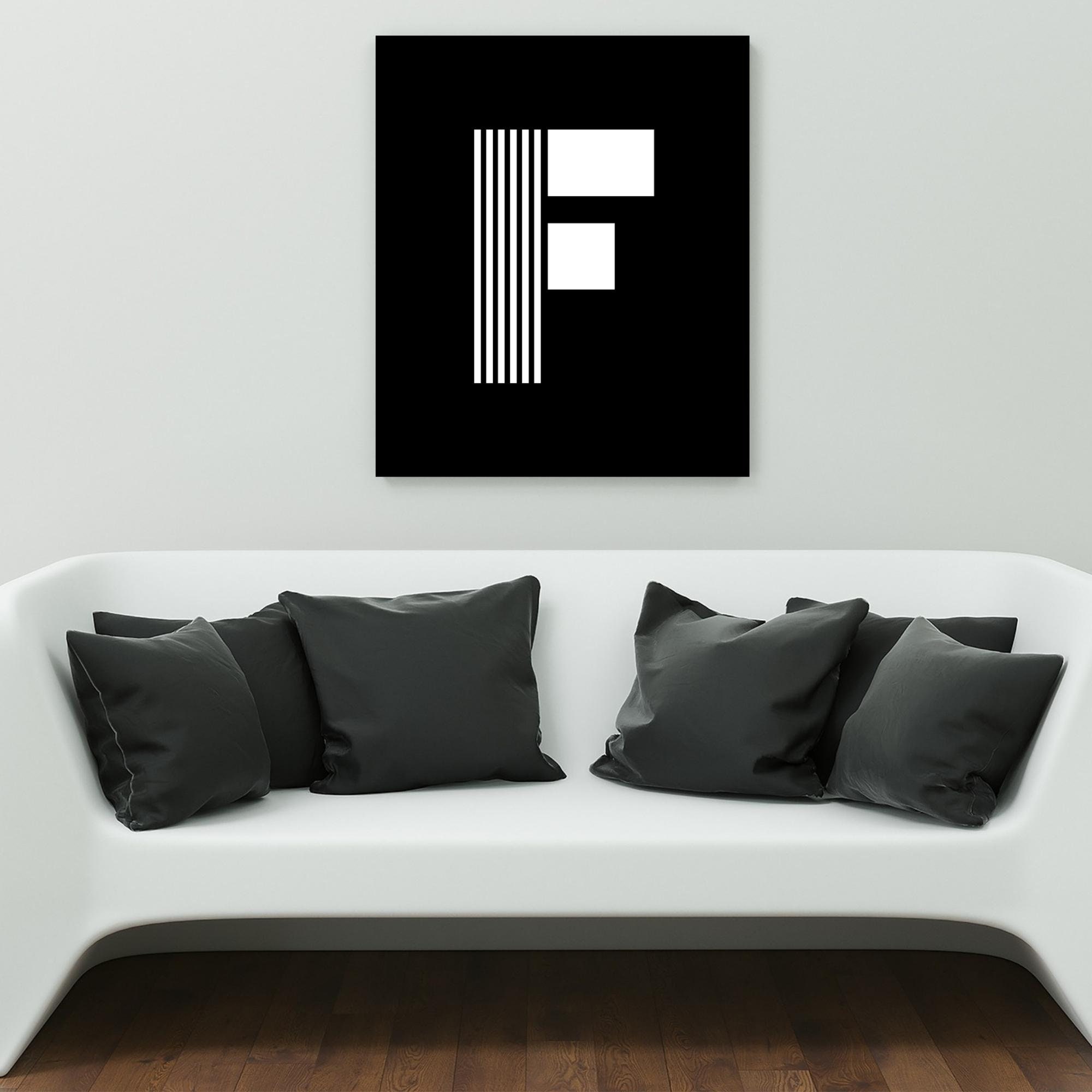 White Letter F on Black Background Printable Wall Art, Modern Monogram ...