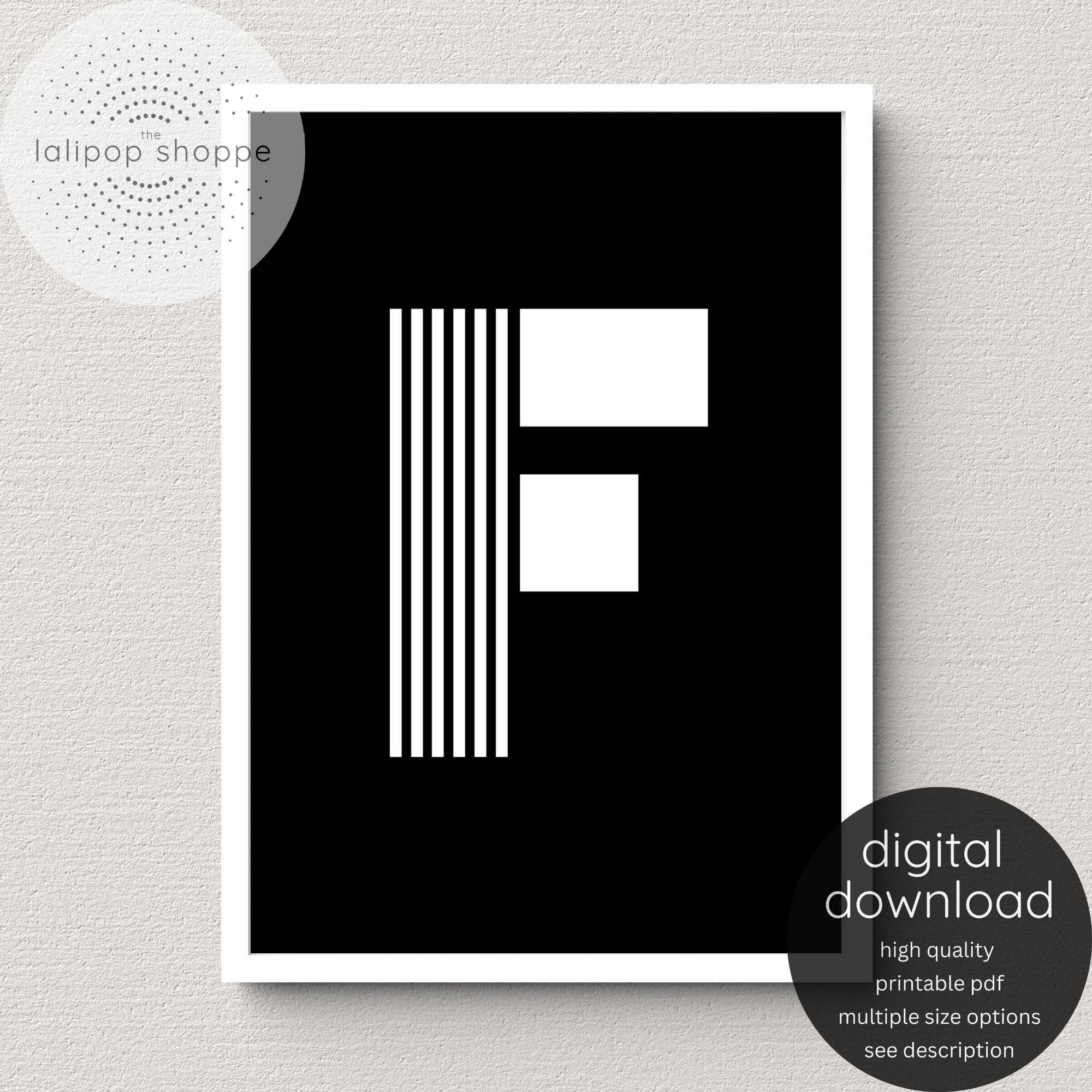 White Letter F on Black Background Printable Wall Art, Modern Monogram ...