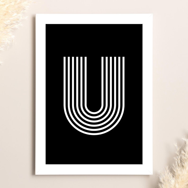 Letter U White on Black Background Printable Wall Art, Modern Monogram ...
