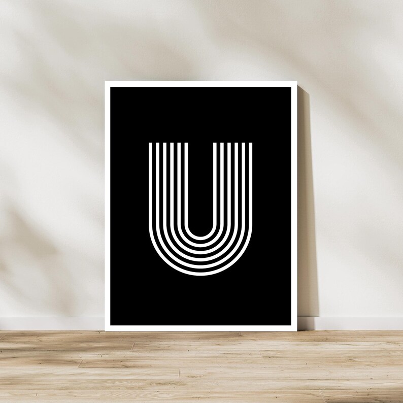 Letter U White on Black Background Printable Wall Art, Modern Monogram ...