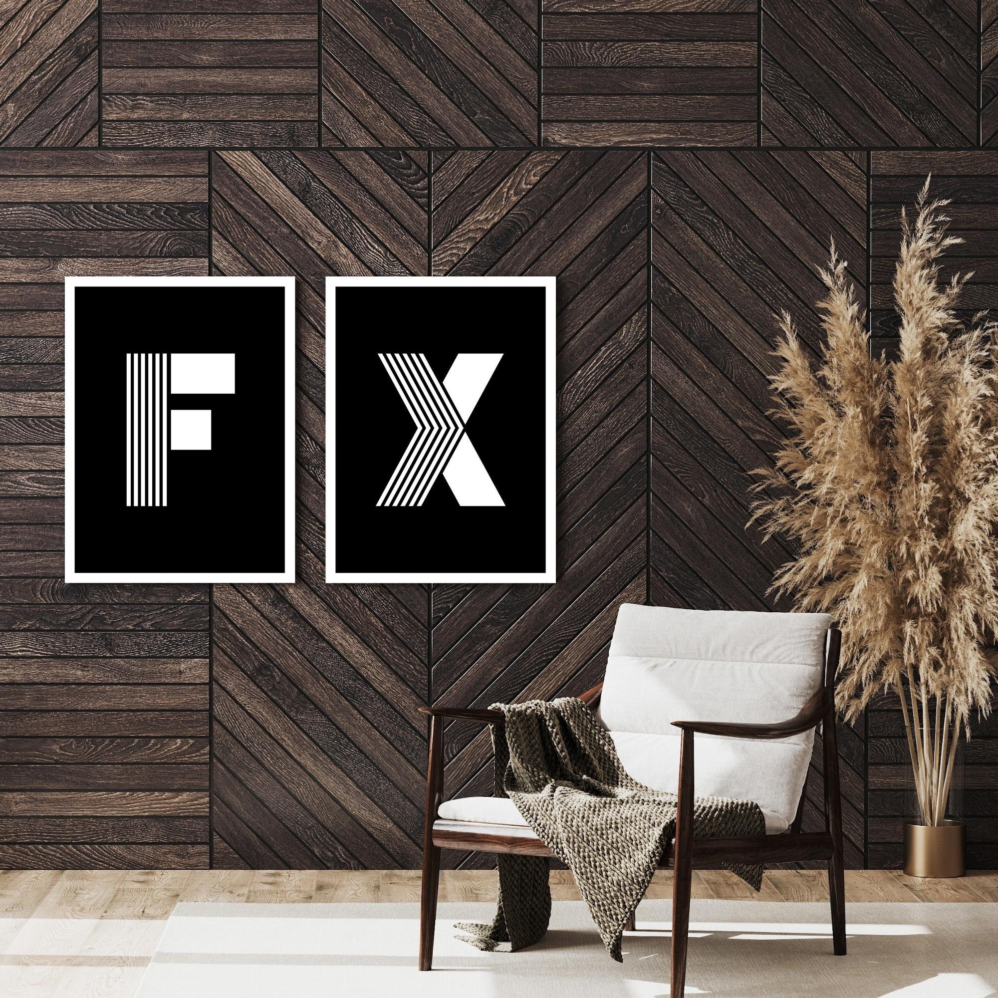 White Letter F on Black Background Printable Wall Art, Modern Monogram ...
