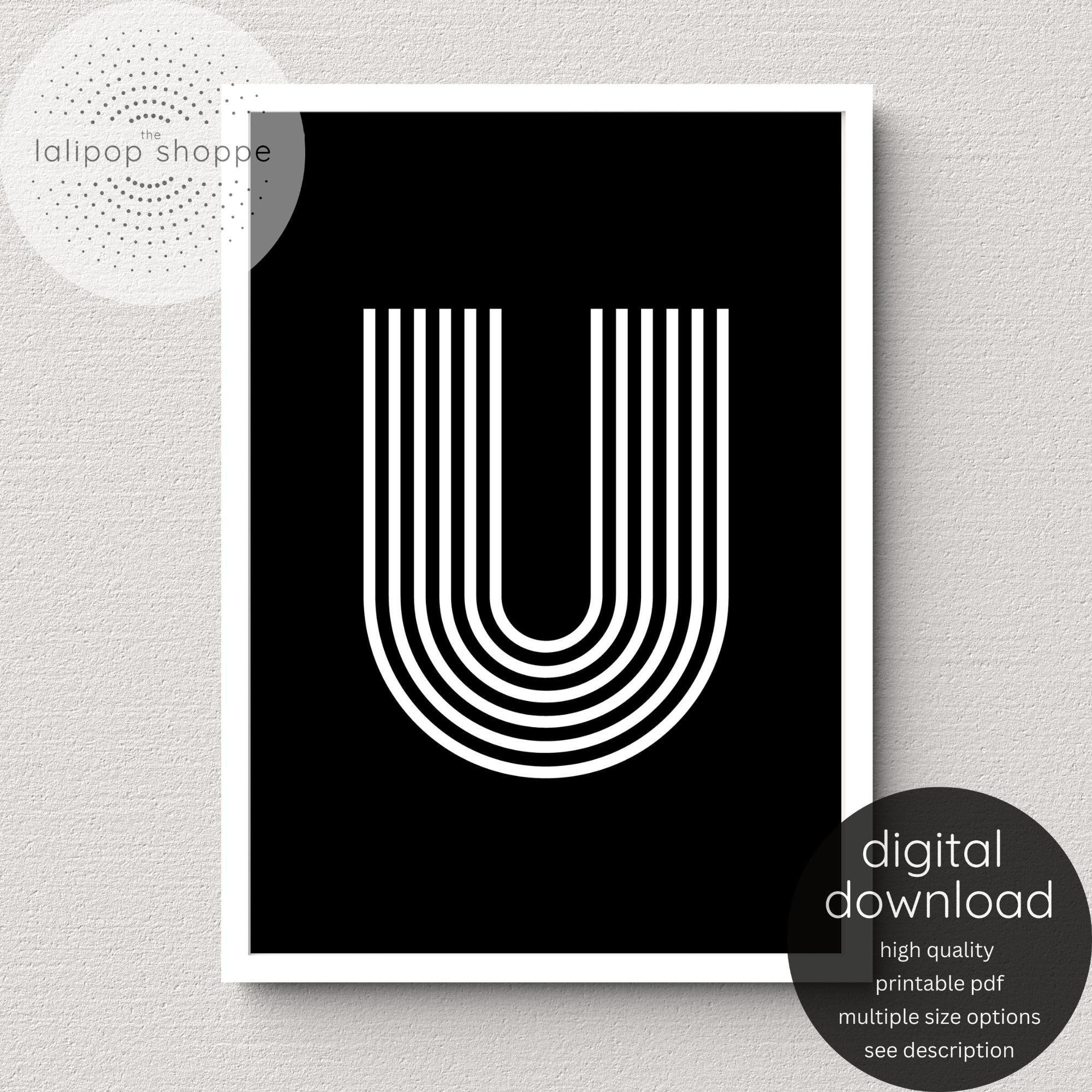 Letter U White on Black Background Printable Wall Art, Modern Monogram ...