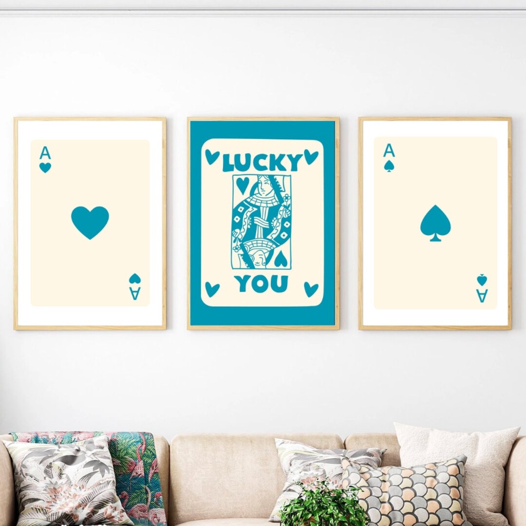 Popular Retro Wall Art Set of 3 in Teal,cards Wall Set, Ace Card Print ...