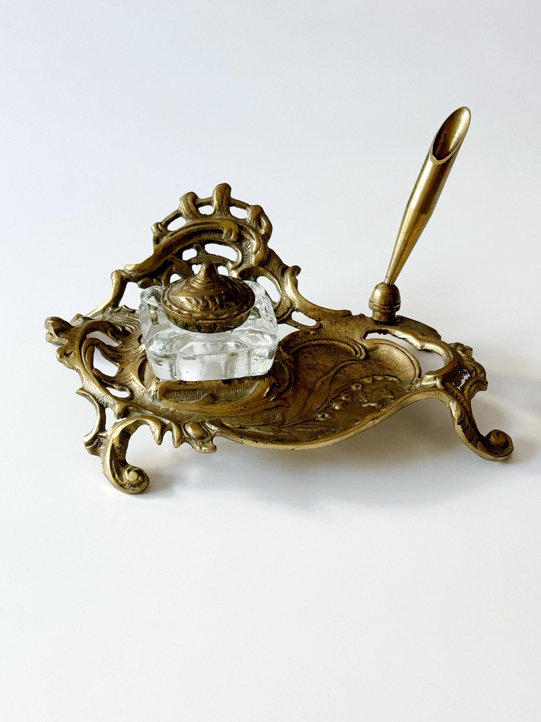 Vintage Victorian Brass Inkwell and Pen Tray Vintage Mid-1900s Writing ...