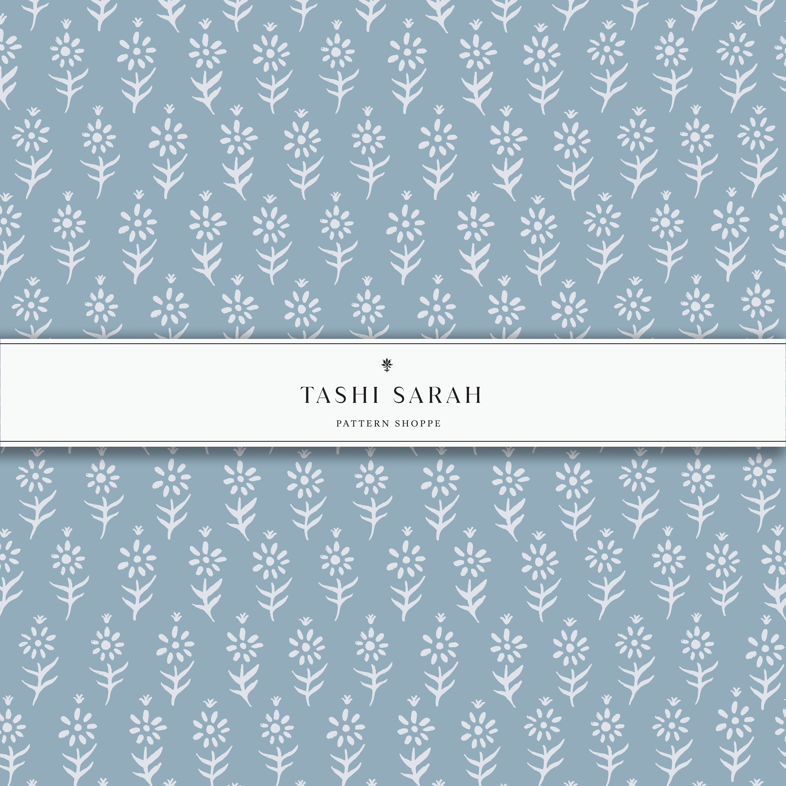 PADARO LANE Hand Drawn Block Print Floral Pattern, Blue, Seamless ...