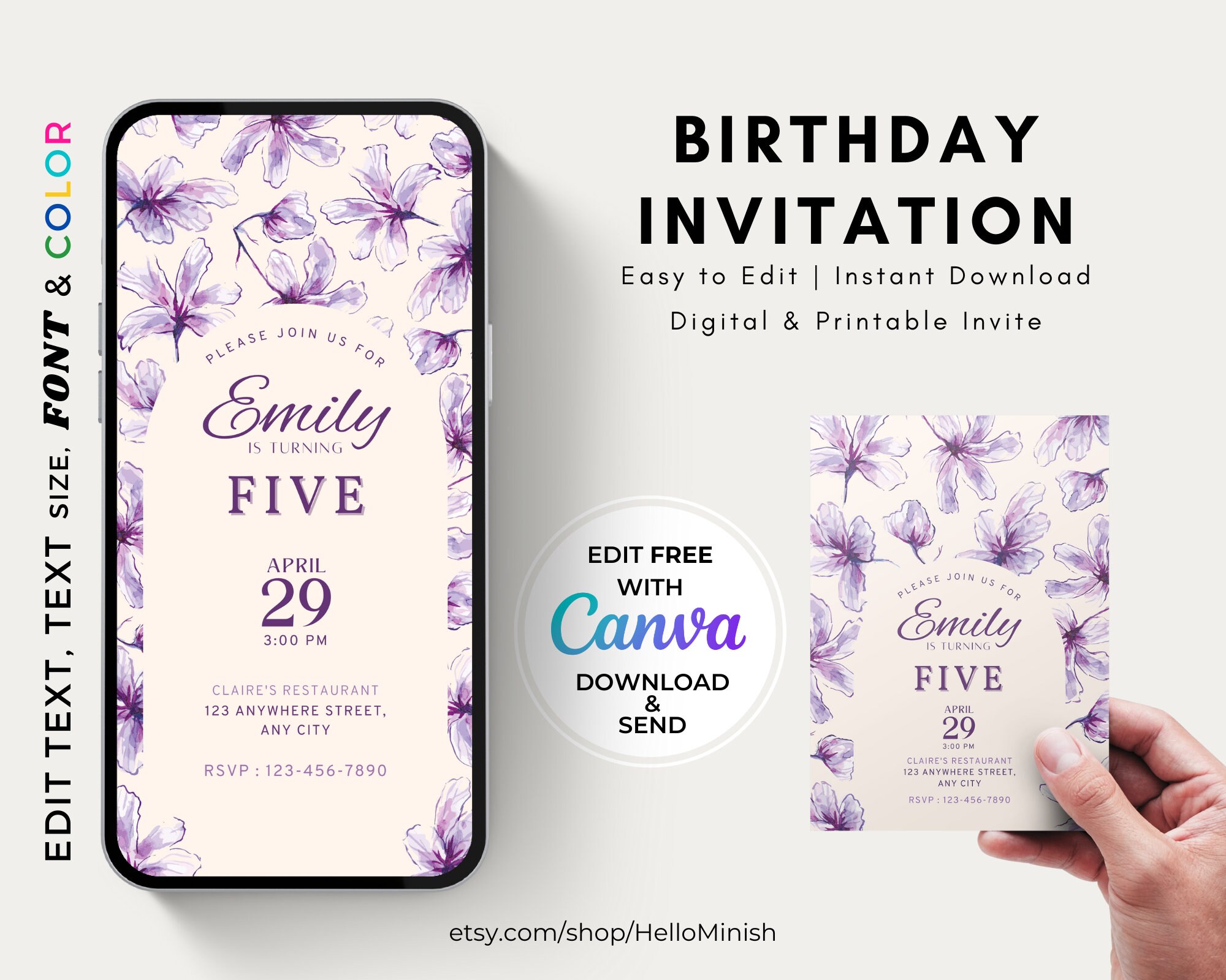 Purple Flower Birthday Invitation Elegant & Floral Customizable Instant ...