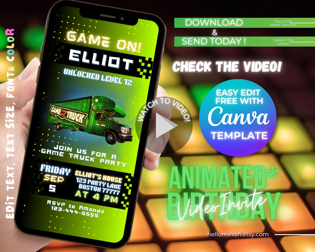 Game Truck! Editable Neon Green Game Truck Mobile Video Invitation ...