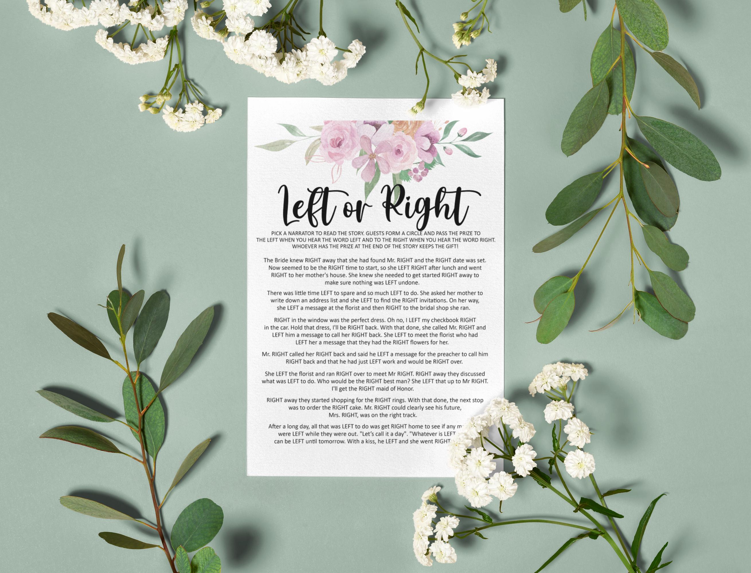 Floral Wedding Bridal Shower Game | Pink Left or Right Bridal Shower ...