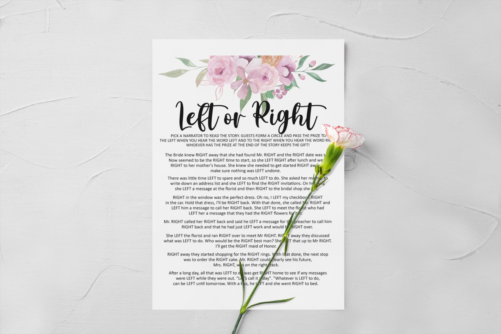 Floral Wedding Bridal Shower Game | Pink Left or Right Bridal Shower ...