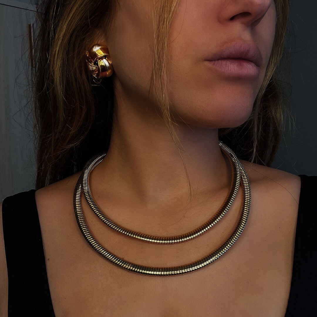 Double Twisted Torque Necklace, Graduated Gold Choker, Large Statement ...