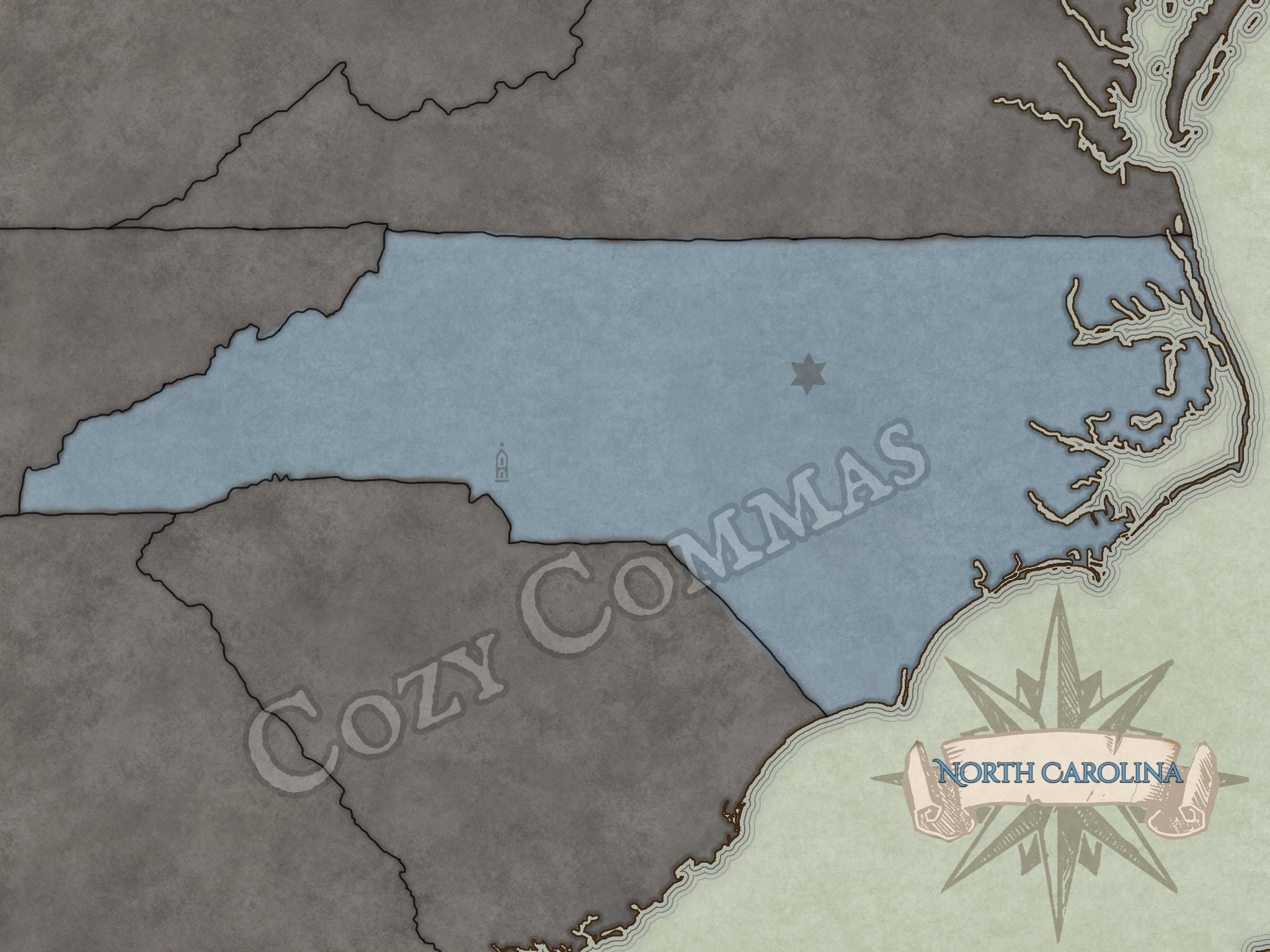 North Carolina Parchment Style Map - Fantasy/nautical - Etsy