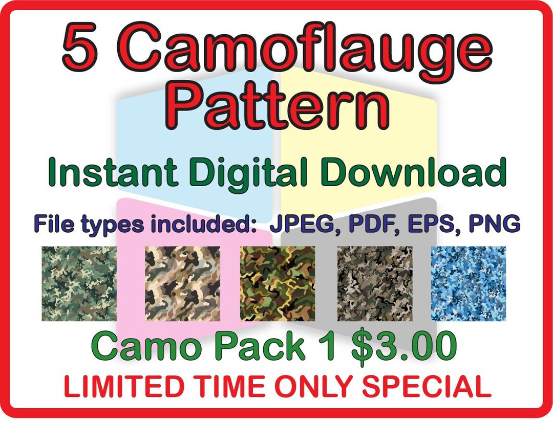 Camouflage Pattern Package 1, 5 High Resolution Files, Instant Digital ...