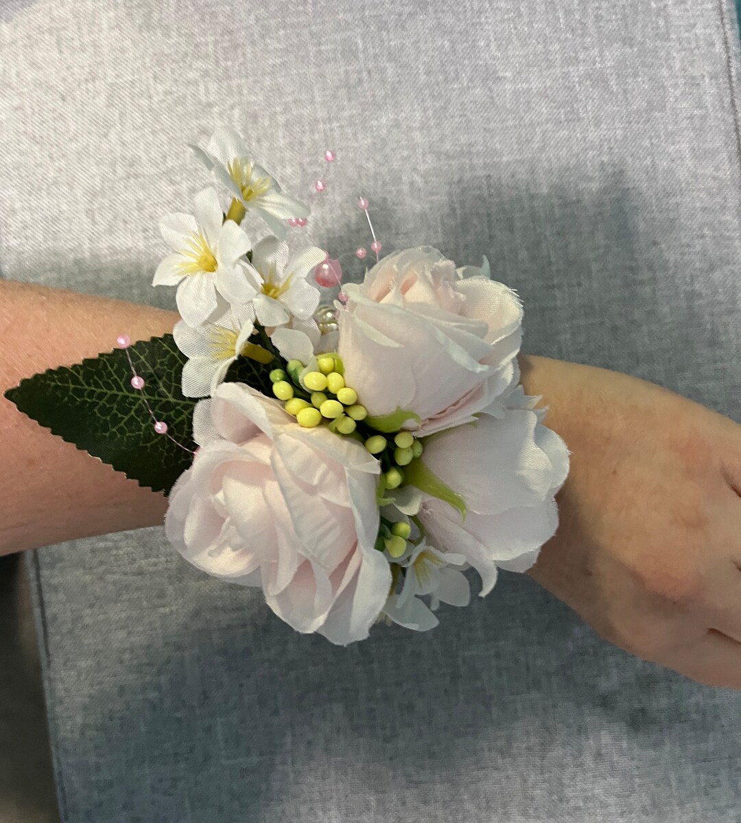 Pale Pink Wrist Corsage. Corsage With Pearl Bracelet, Pink Roses ...