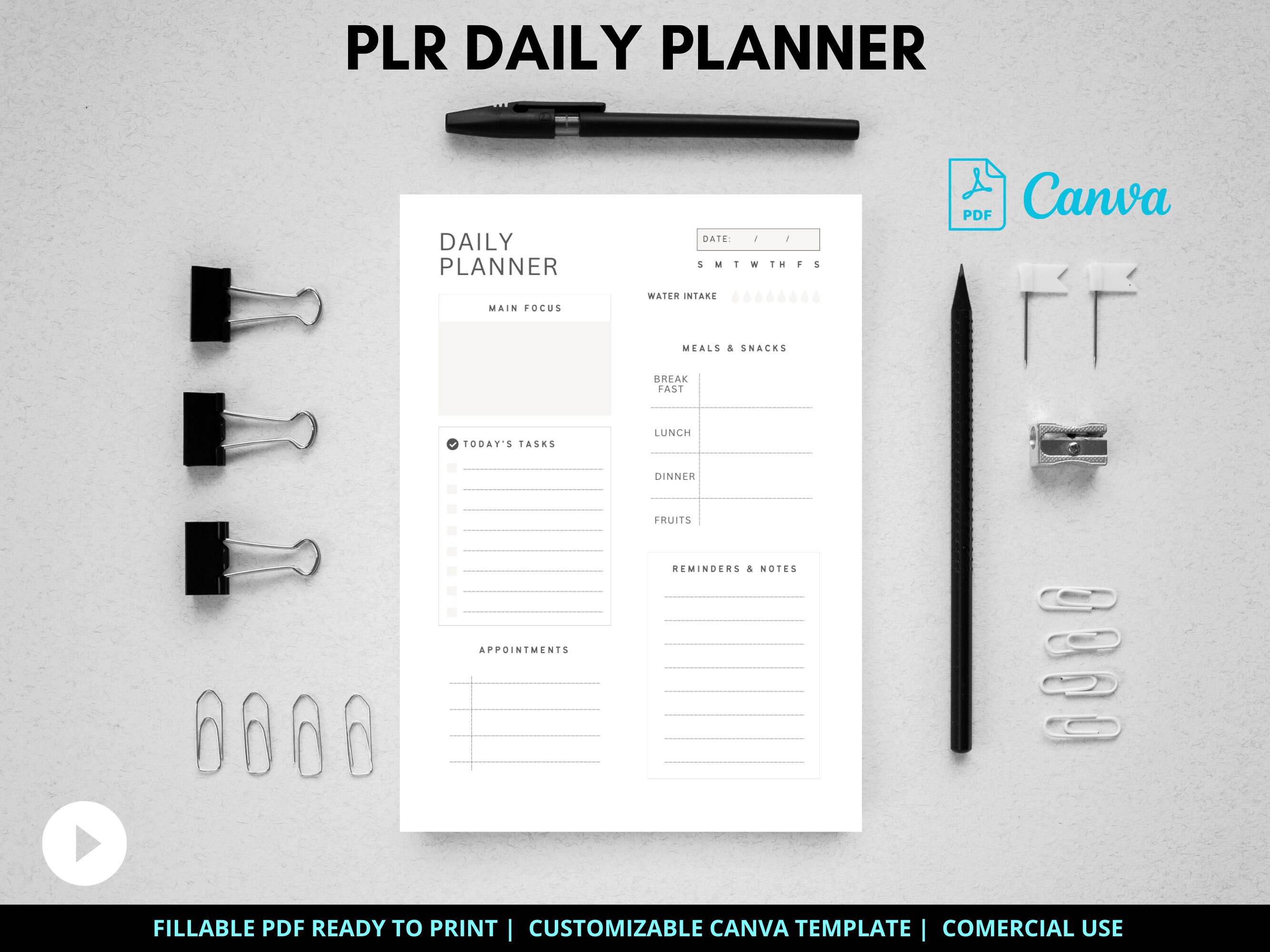 PLR Daily Planner Template - Fillable PDF, Customizable Canva Planner ...