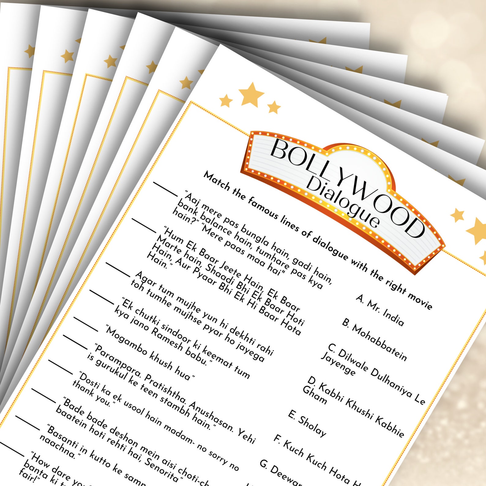Bollywood Game, Bollywood Trivia, Bollywood Dialogue Game - Etsy