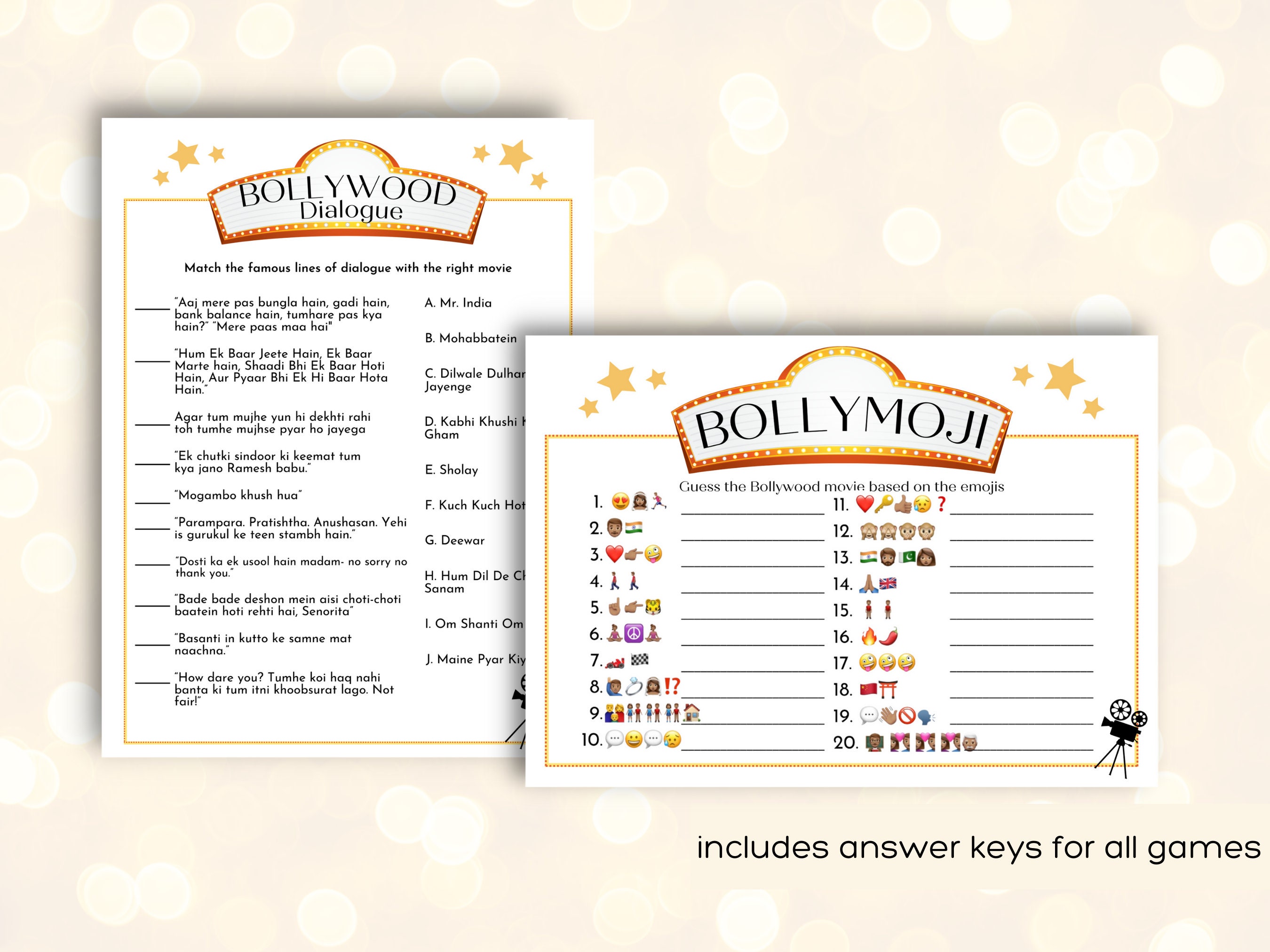 Bollywood Games Bundle, Bollywood Trivia Games, Printable Bollywood ...
