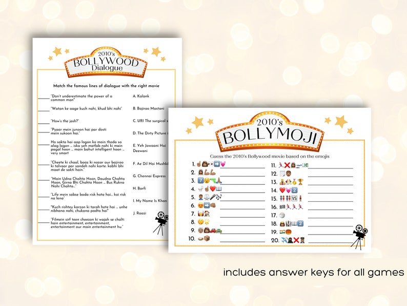 2010's Bollywood Games Bundle, Bollywood Trivia Games, Printable ...