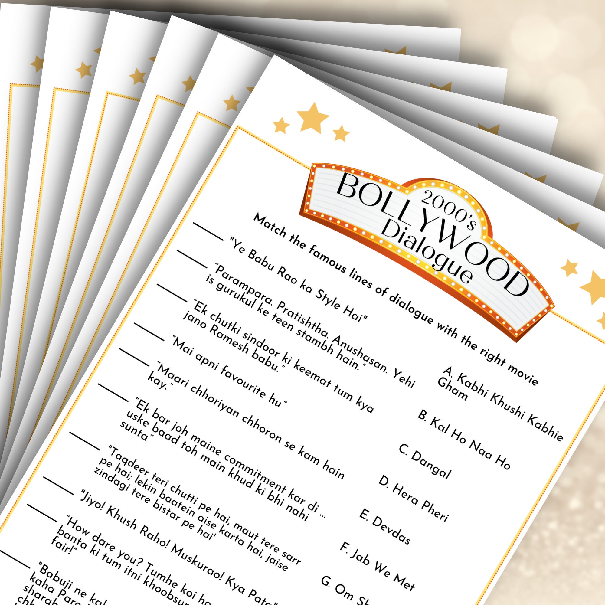 Bollywood Games, 2000's Bollywood Trivia, Bollywood Dialogue Game - Etsy