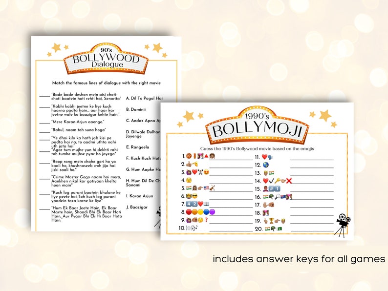 90's Bollywood Games Bundle, Bollywood Trivia Games, Printable ...